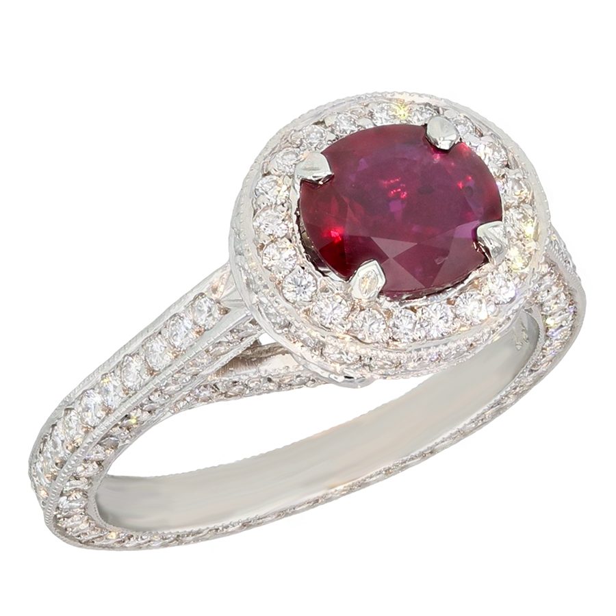 Oval Ruby with Diamond Halo in Platinum Ring - Underwoods Fine Jewelers