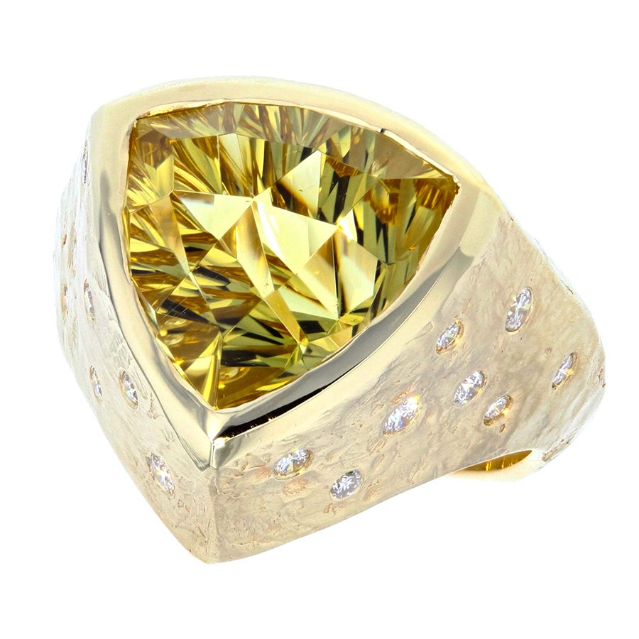 Triangular Yellow Beryl with Diamonds in Yellow Gold Ring - Underwoods ...
