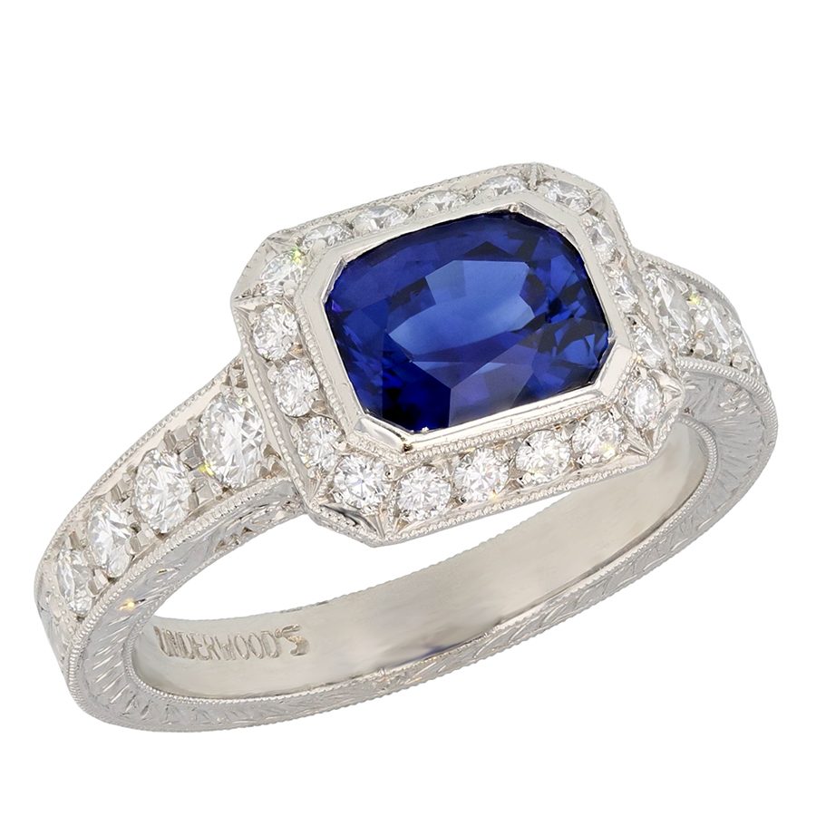 Rectangular Sapphire in Platinum Hand Engraved Ring - Underwoods Fine ...