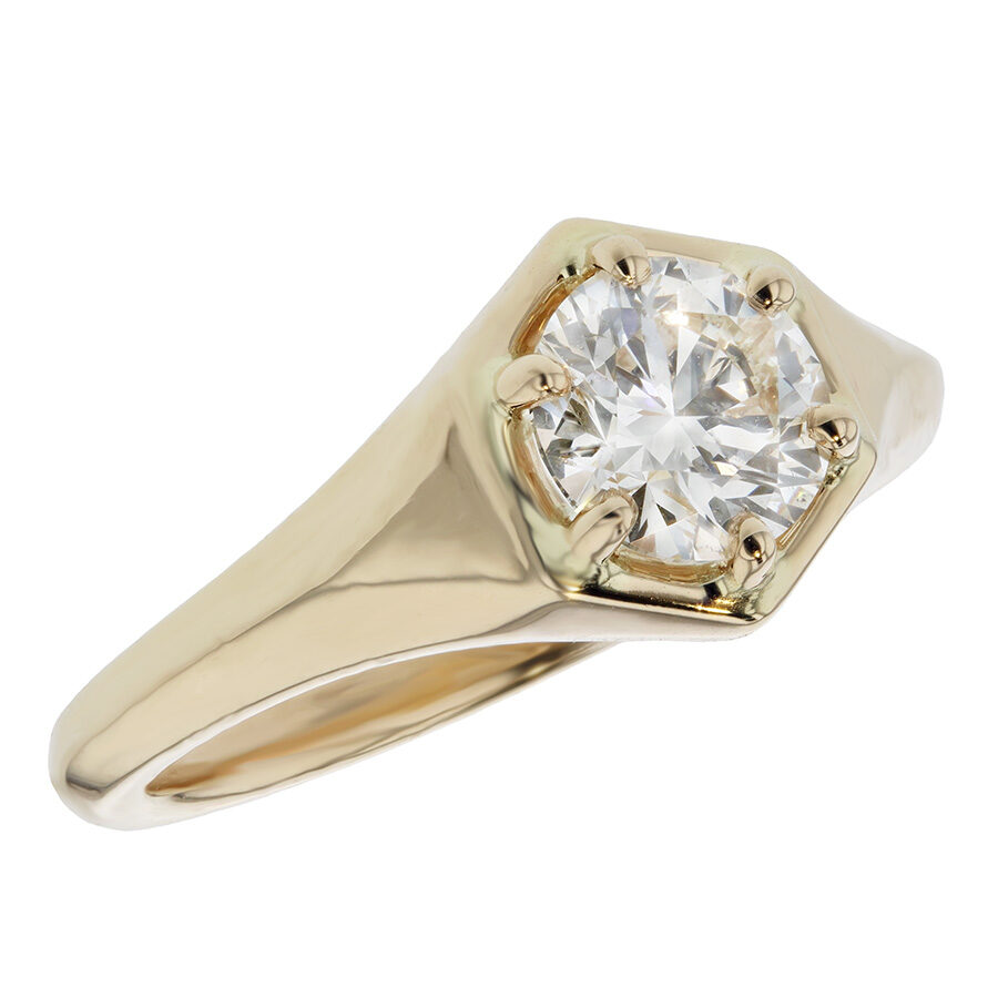 Round Diamond in Hexagonal Yellow Gold Ring - Underwoods Fine Jewelers